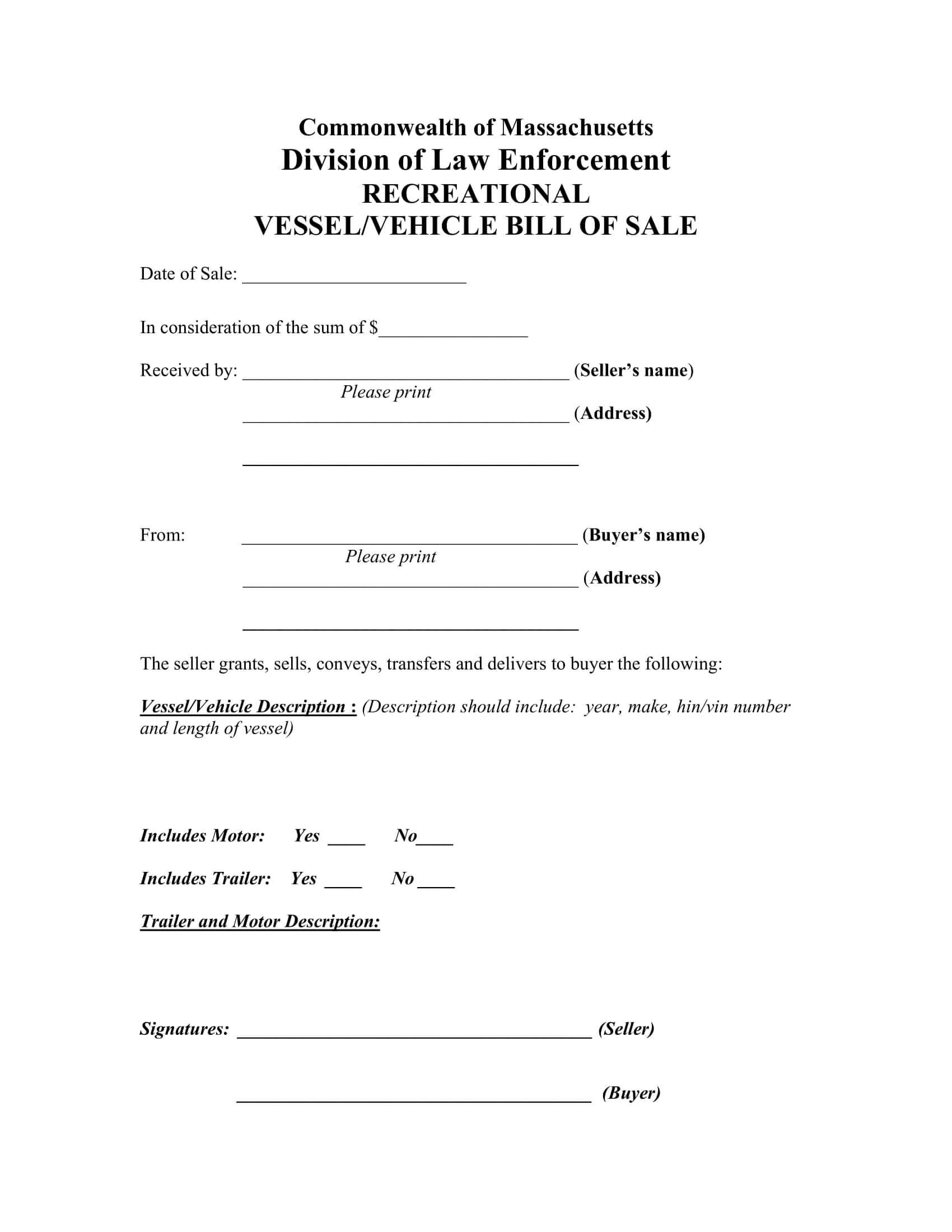 Free Fillable Massachusetts Vehicle Bill Of Sale Form PDF Templates