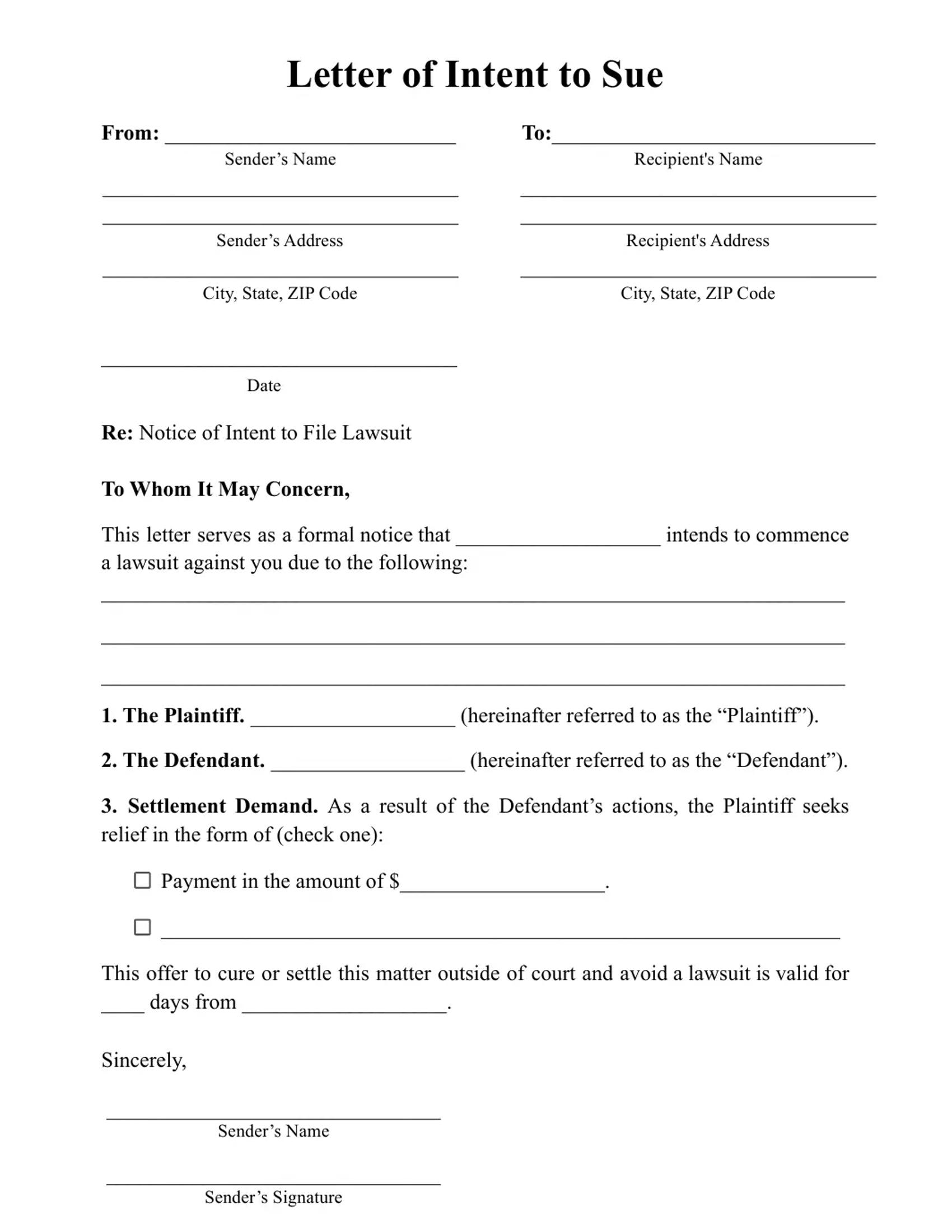 Free Fillable Letter Of Intent To Sue PDF Templates